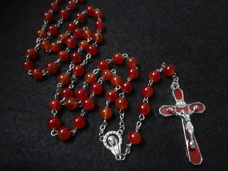 8mm Red Drip Special Cross Rosary Necklace Glass Christian Prayer ...