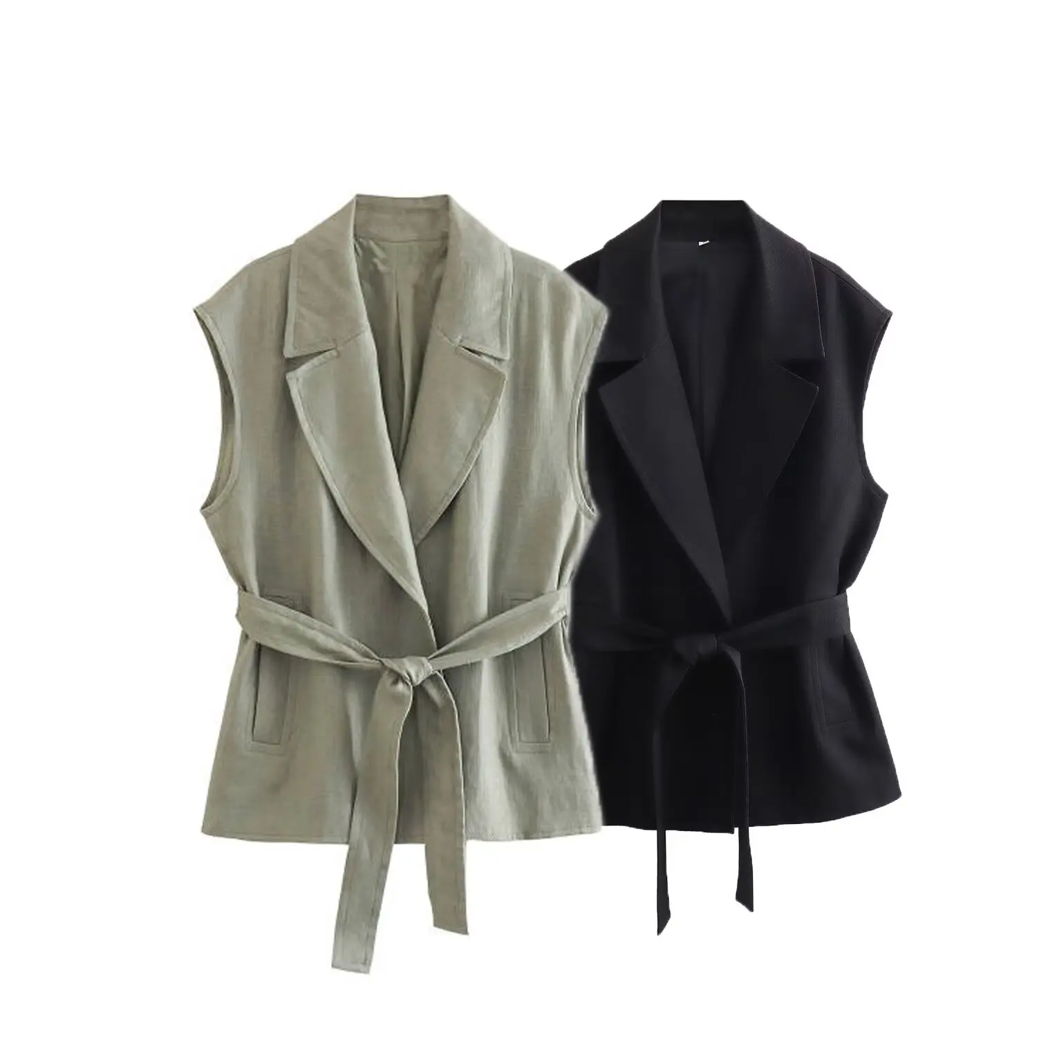 Kar&ot Za 2024 Spring New Linen Vest With Belt Light Green Casual Vest ...