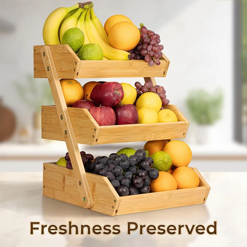 3 Tier Bamboo Fruit Basket for Kitchen Counter Fruits and Vegetables ...