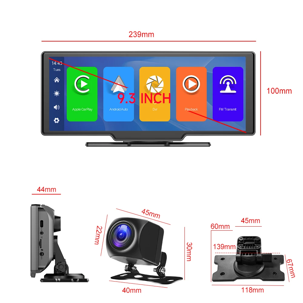 Podofo 3 in 1 Car Monitor - Wireless Carplay & Dash Cam