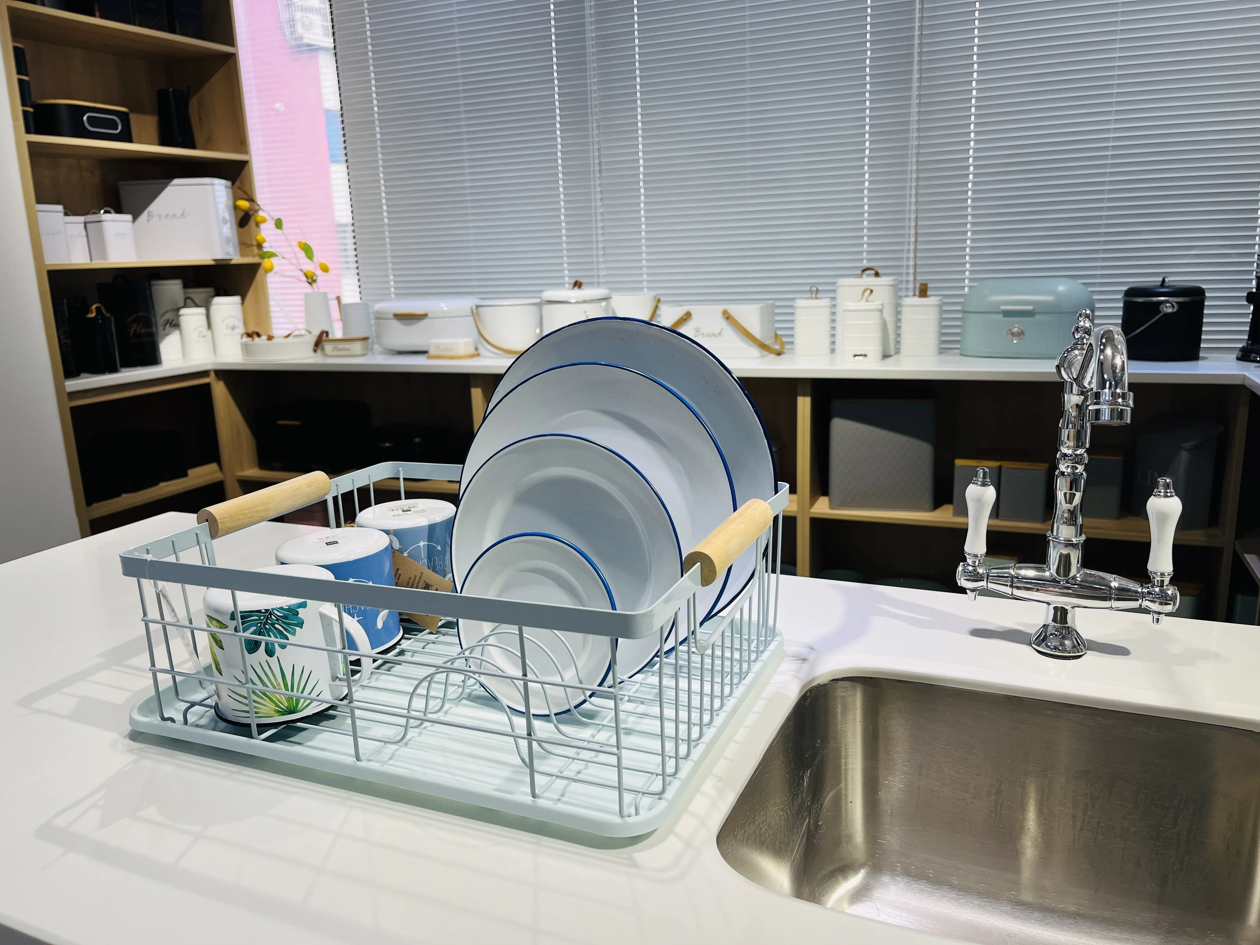 Wooden Side Handle Hanging Sink Wire Dish Drying Drainer Rack Kitchen ...