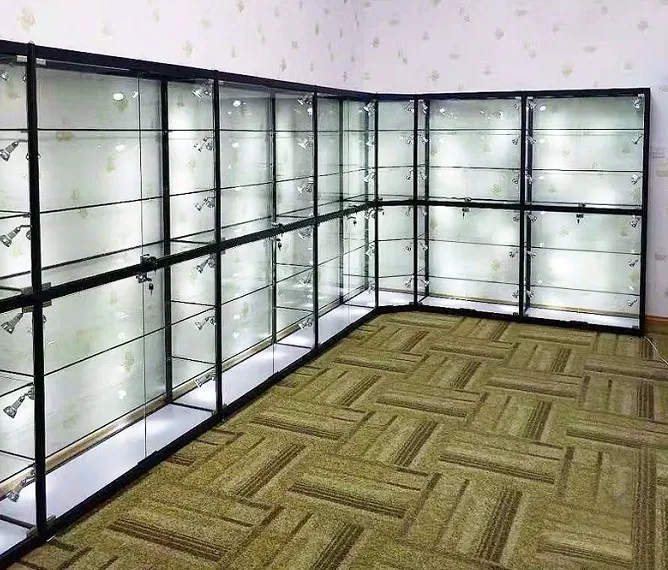 Lighted All Glass Retail Display Case with Shelves & Storage