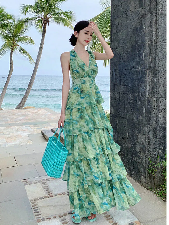 LY7566 Green Print Chiffon Dress - Perfect for Summer Holidays
