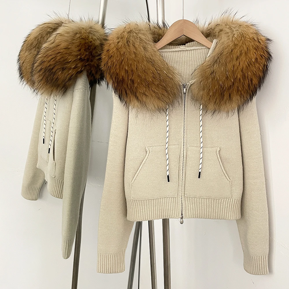 OFTBUY 2026 Real Raccoon Fur Knitwear Cotton Coat Women Cardigan ...
