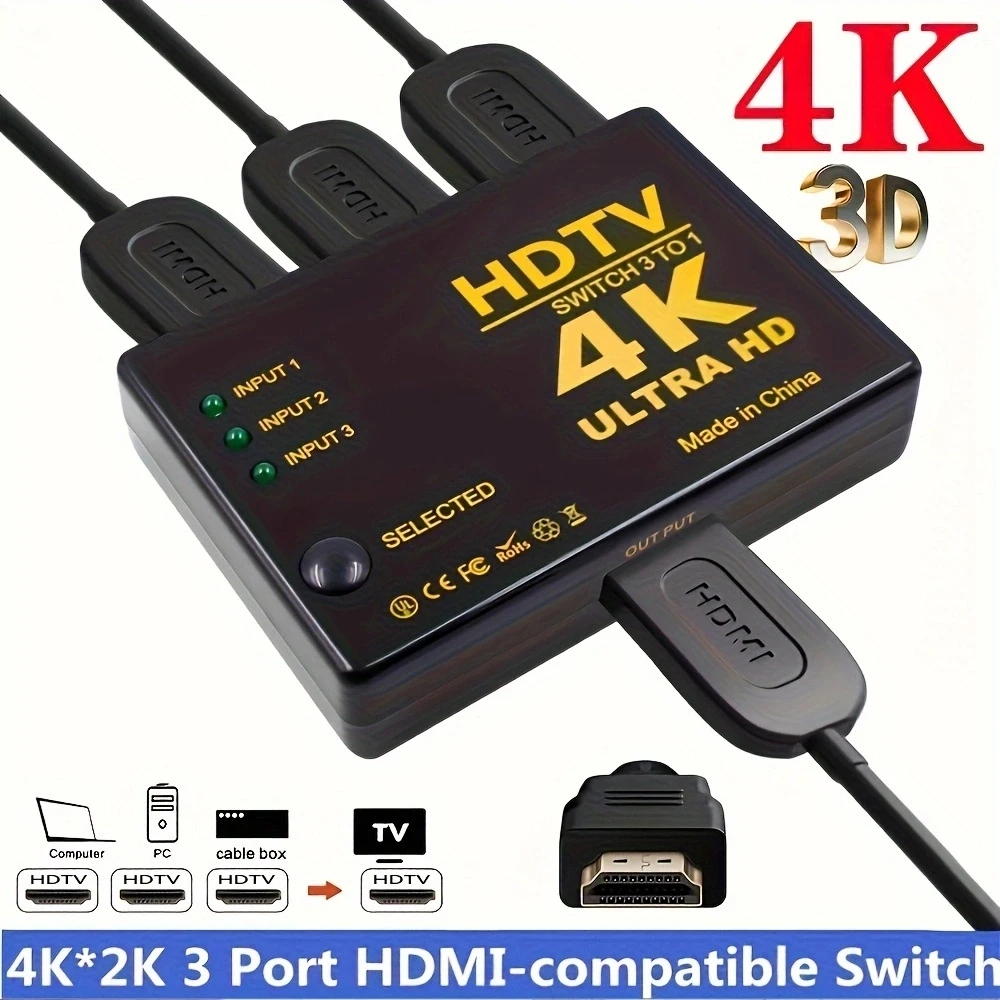4k 2k 3x1 Hdm Cable Splitter Hd 1080p Video Switcher Adapter 3 Input 1 ...