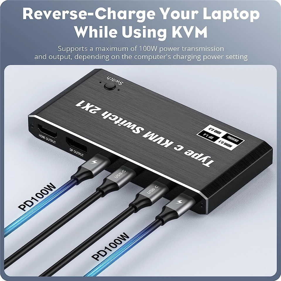 8K Thunderbolt 4 USB-C KVM Switch for Dual Monitors with 100W PD Charging