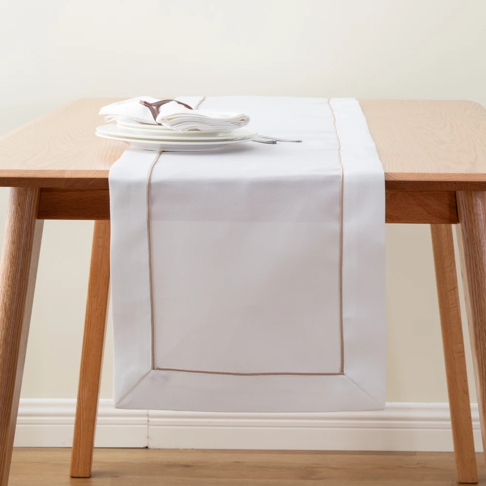 Beige White Texture Table Runner with Tassel Trimmed Table Decor for ...