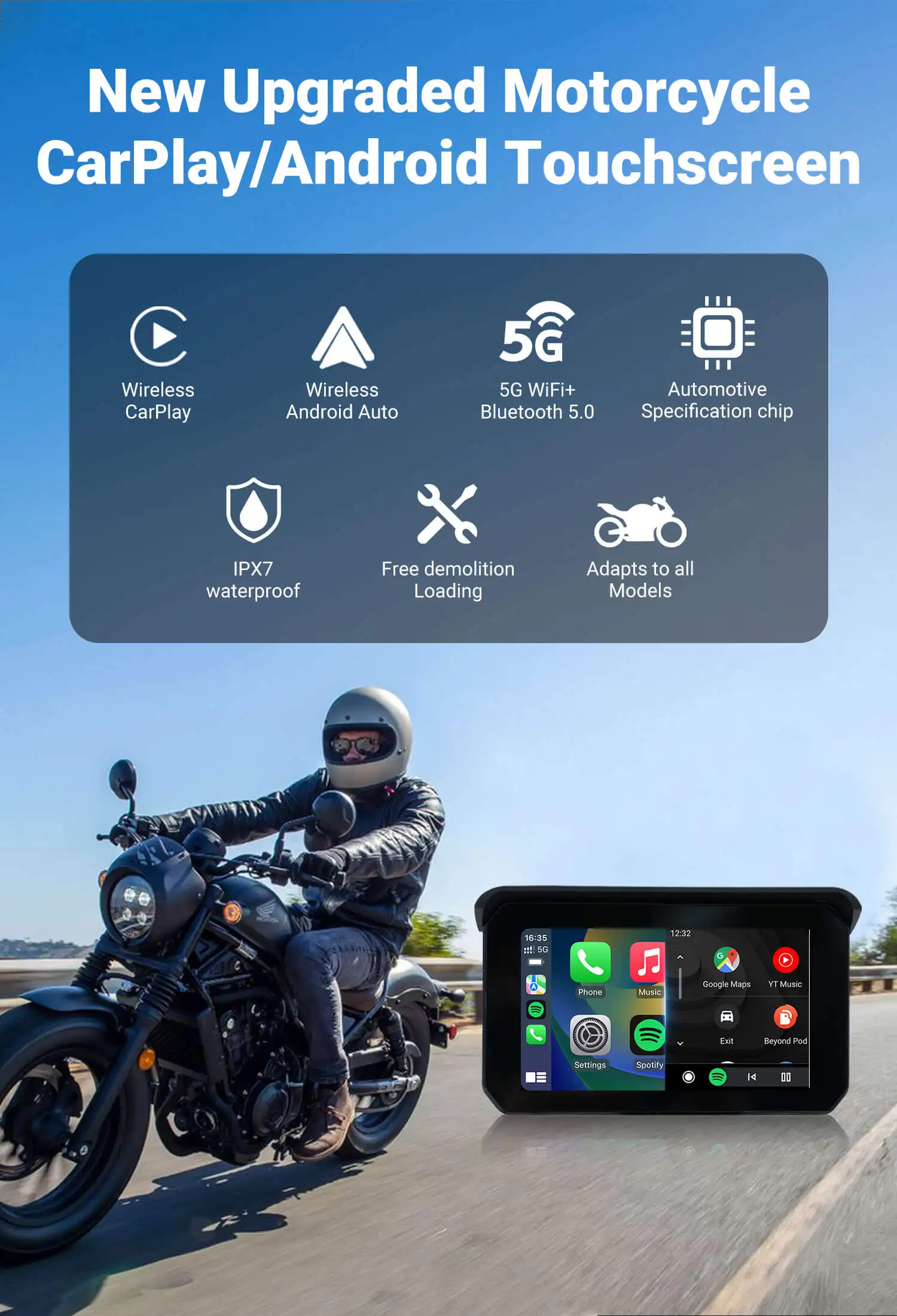 Ottocast Waterproof Wireless Motorcycle Gps 5 Inch Carplay Screen ...