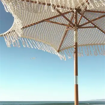 Good Quality Crochet Patio Wooden Umbrella Handmade Cotton Tassels 2.5m ...