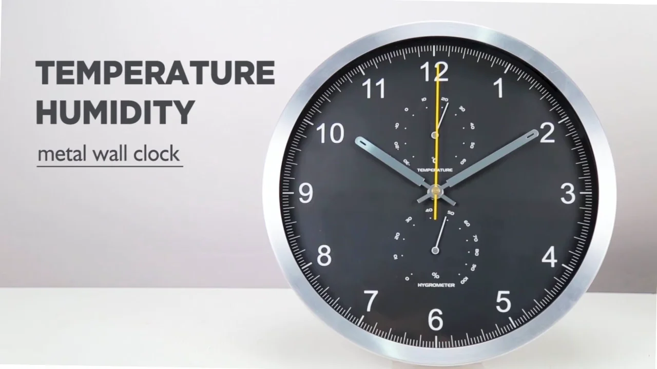 12 Inch Black Metal Custom Logo Wall Clock With Temperature And ...