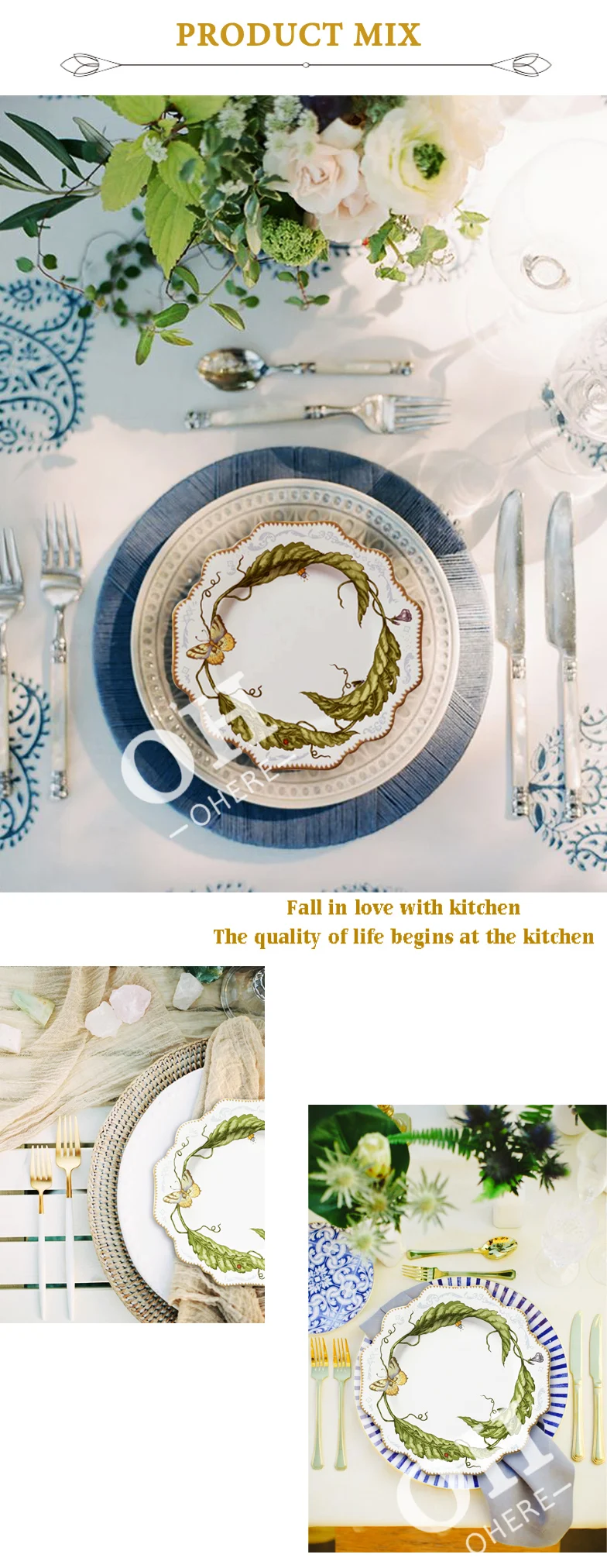 Elegant Sunflower Green Leaf Ceramic Dinner Set Jagged Gold Rim Wedding Dinner Plate High ...