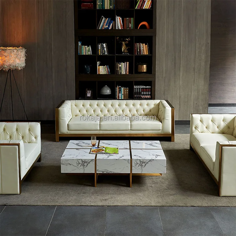 Minimalist Design Leather Sofa Set Stainless Steel Arm Pull Button Sofa ...