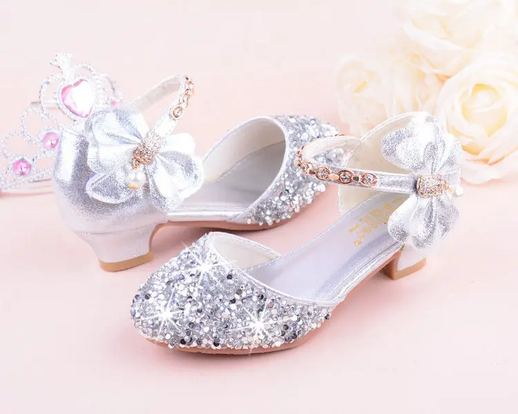 Classic Bow Sequins Pu Leather Shoes For Girls High Heels Party Dance ...