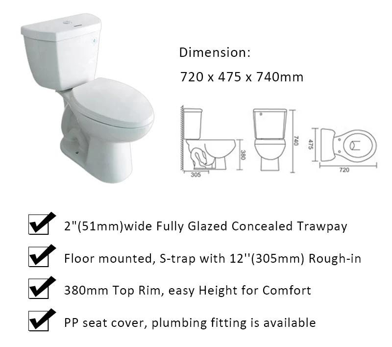 Sanitary Ware White Round Ceramic Two-Piece Toilet for Bathroom