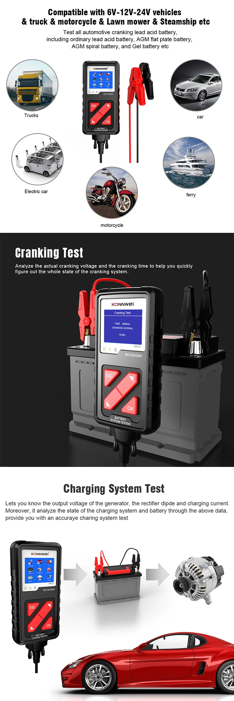 Konnwei Kw710 Motorcycle Car Battery Analyzer Tester For Trucks 6v 12v ...