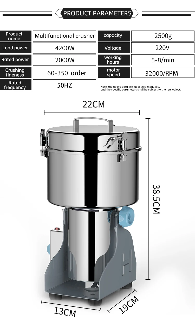 2500g High Speed Electric Powder Grinder - Stainless Steel