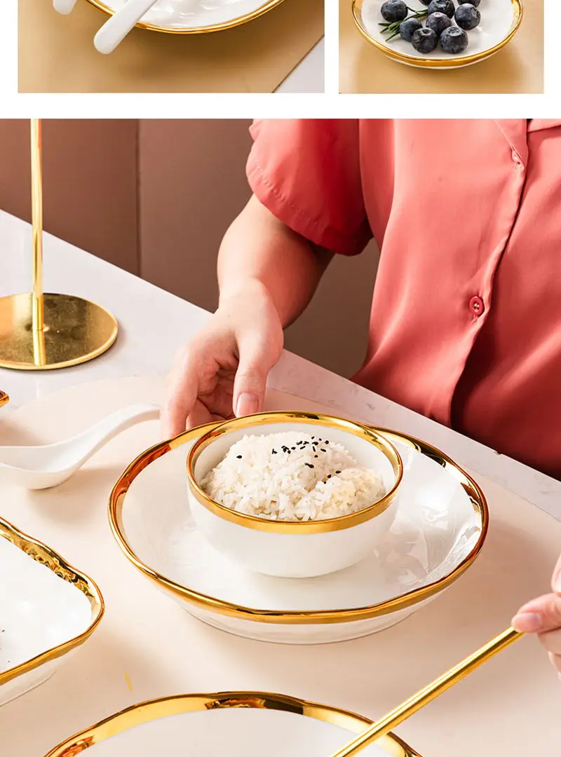 Nordic Style Luxury Fine Ceramic Dishes & Plates Bowls Gold Rim Ceramic ...