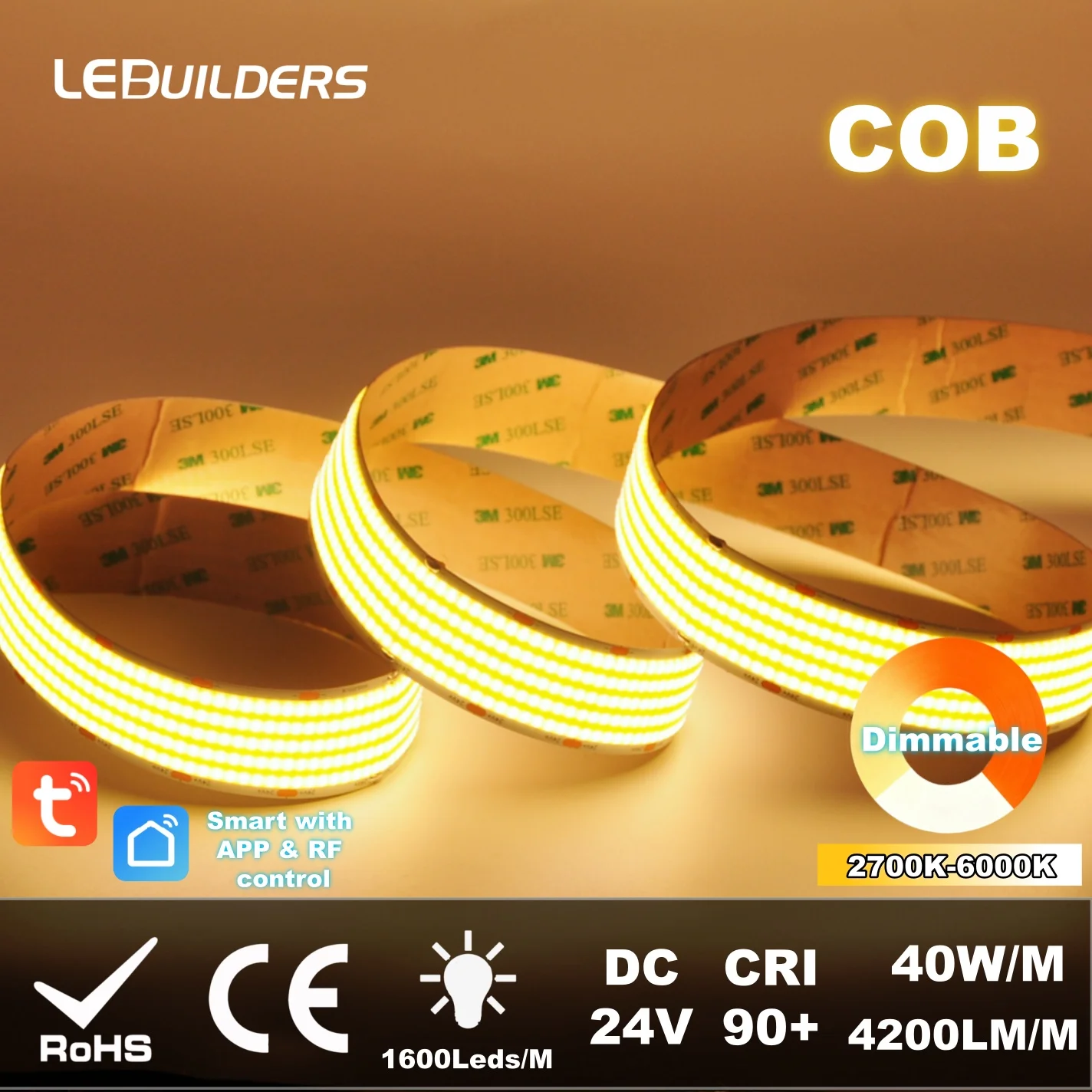 5 Row Flexible COB LED Strips Super Bright 1600LEDs/M 12V COB LED Smart ...