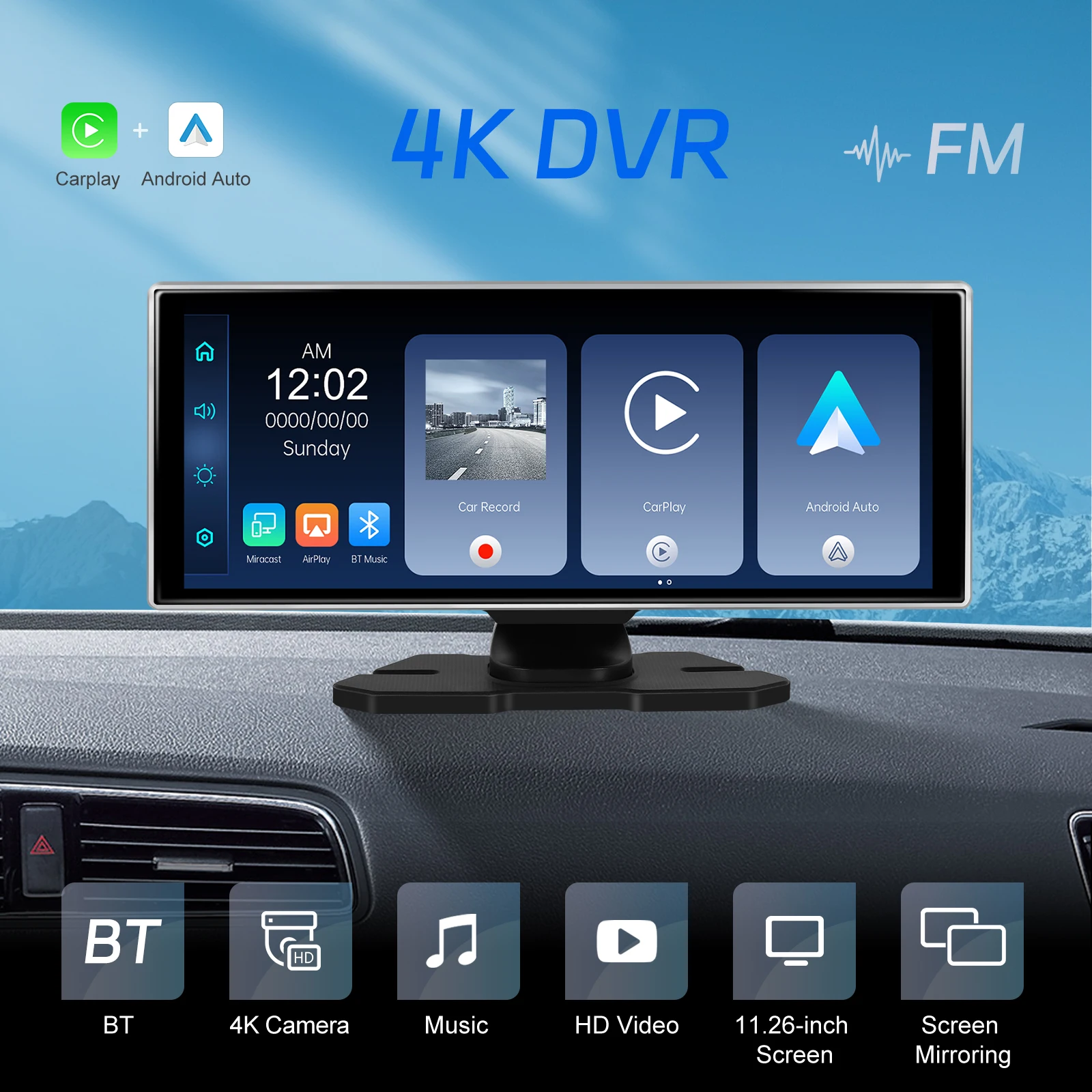 Podofo 11,26 inci Layar Monitor DVR Portabel Nirkabel CarPlay dan ...