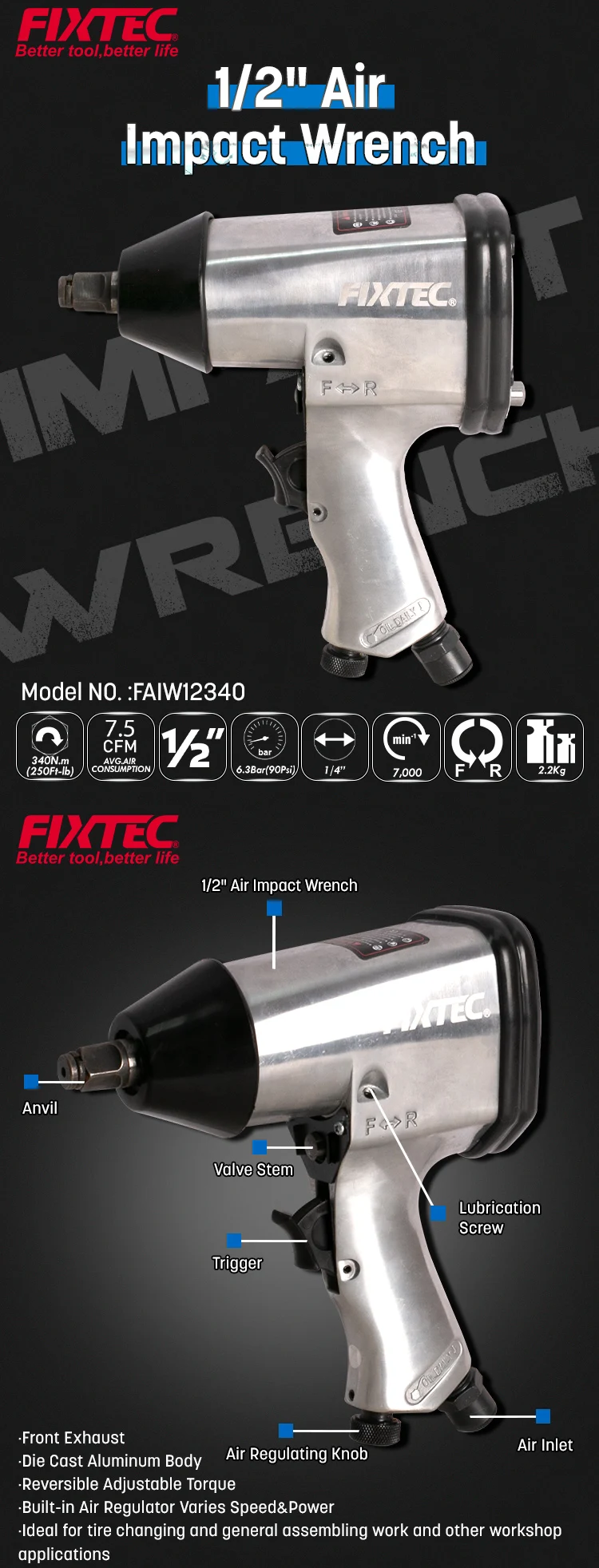 FIXTEC Pneumatic Tools - Adjustable Torque Air Impact Wrench