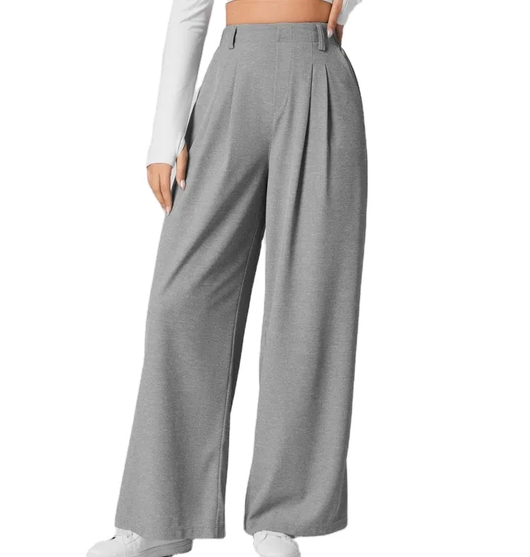 Ladies High Waisted Plicated Side Pocket Wide Leg Lounge Pants Waffle