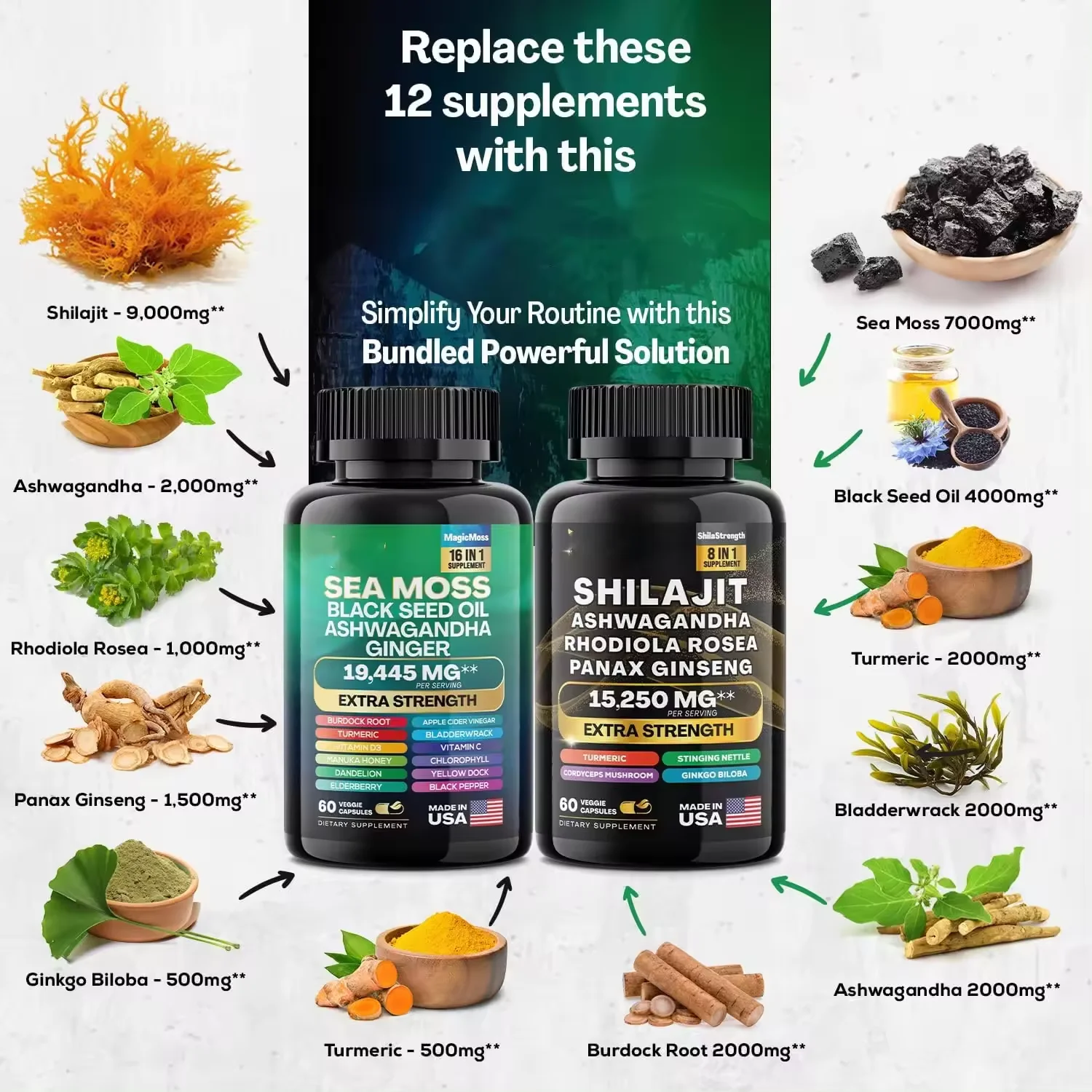 Oem Sea Moss 7000mg Black Seed Oil 4000mg Ashwagandha 2000mginger & Shilajit 9000mg Shilajit And ...
