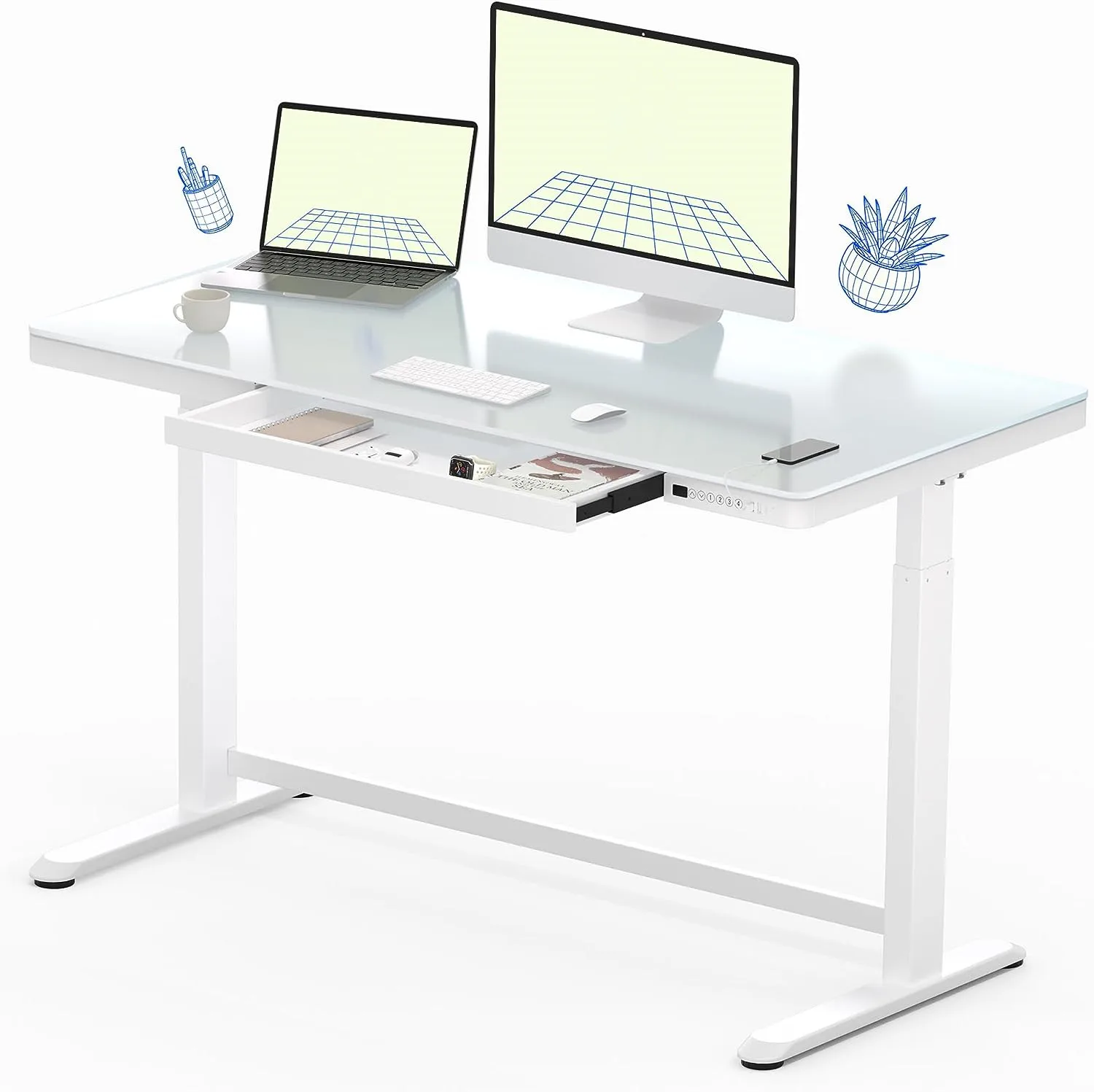 Single Motor Glass Electric Sit Standing Desk with Drawers Height ...