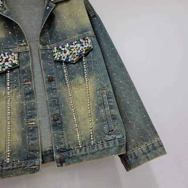 Retro Color Diamond Denim Jacket 2024 Spring Rhinestone Loose Long ...