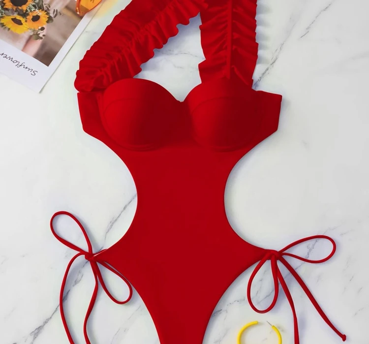 Solid Color Sexy Ruffle Strap Swimming Suit One Shoulder Swimwear Push ...