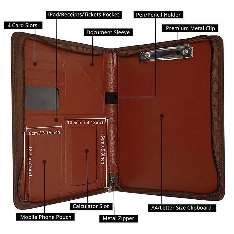 Zippered Padfolio A4 Leather Desktop Organizer Office Portfolio Folder ...