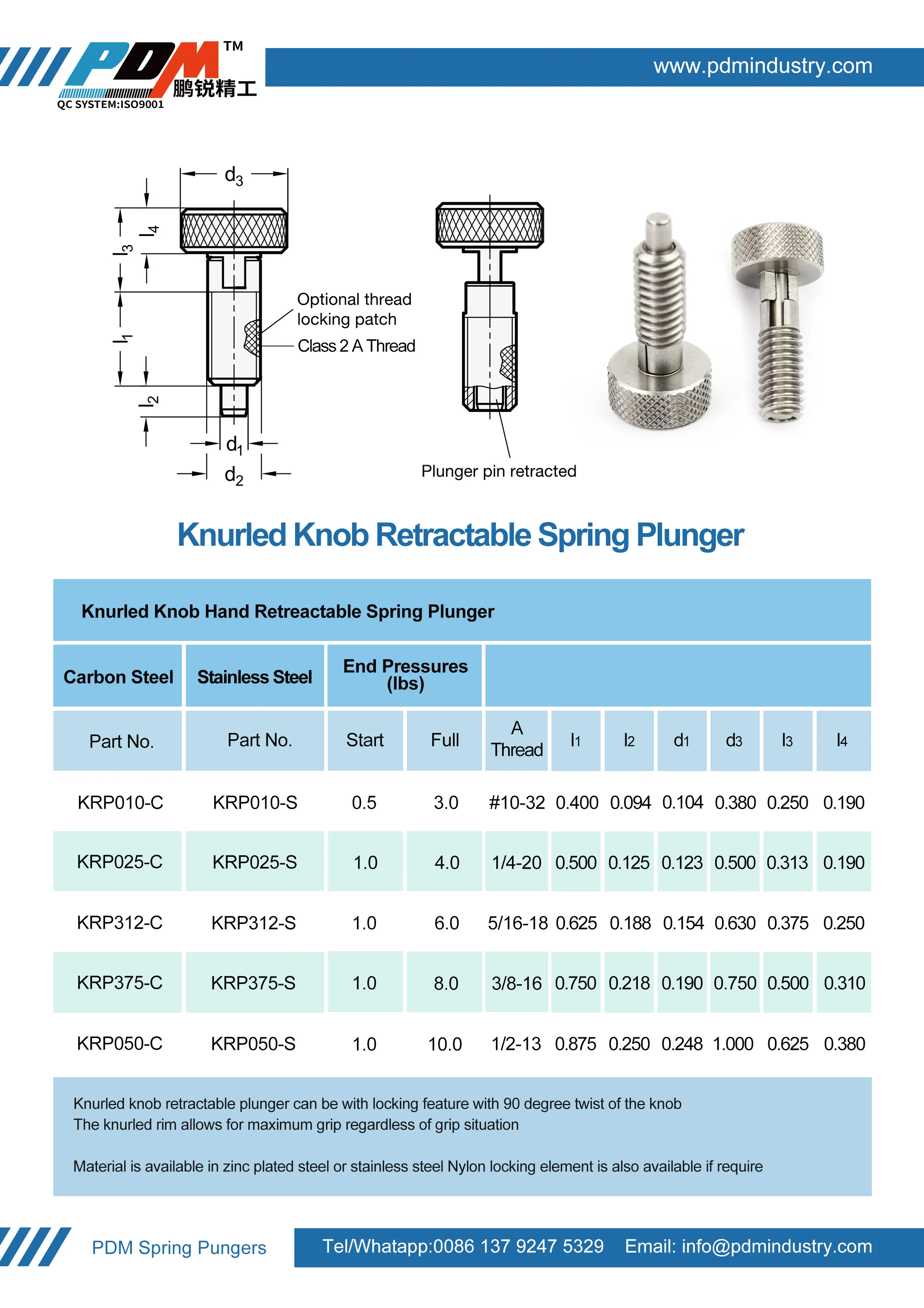 Stainless Steel Spring Loaded Indexing Plunger - PDM