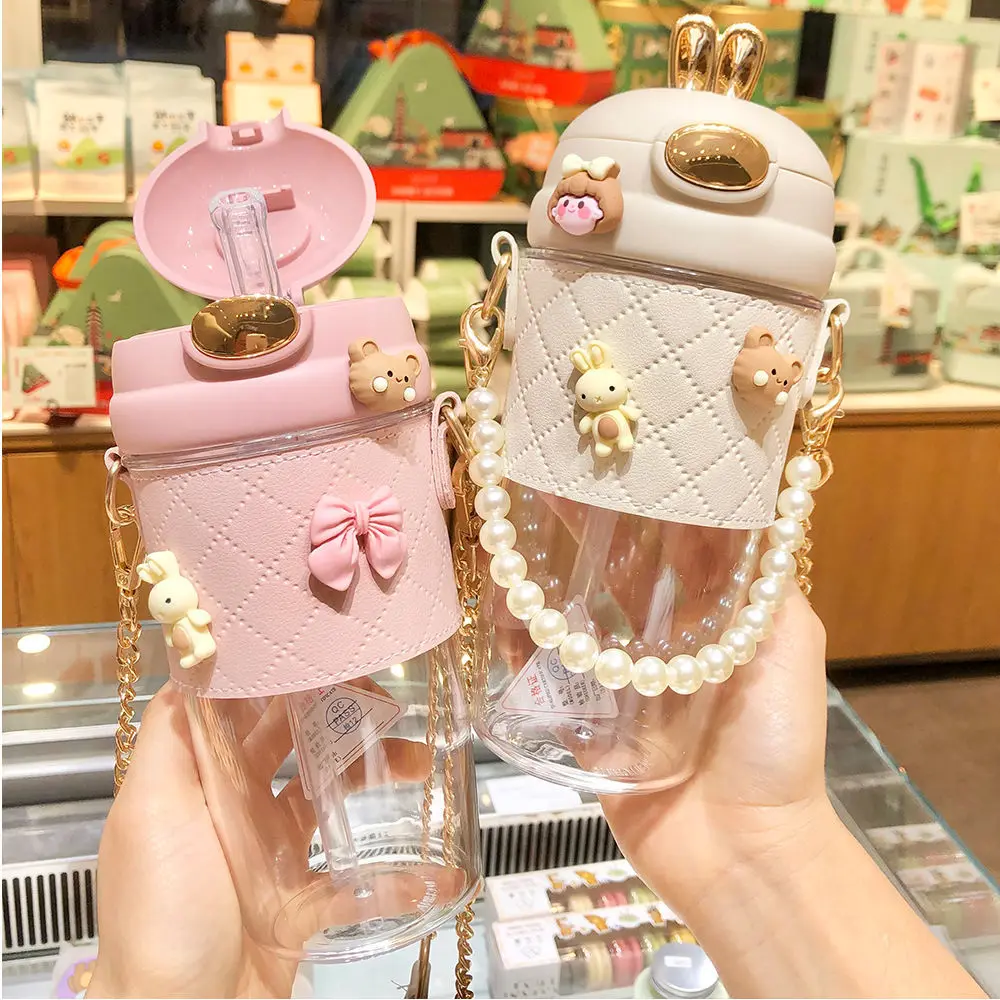 380ml 580ml Cute Rabbit Ear Plastic Water Bottle Cup Ins Girl Kids Portable Plastic Bottle with ...