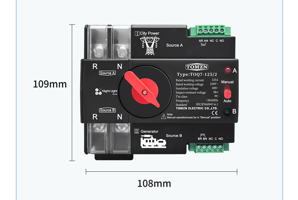 TOMZN Din Rail ATS 220V 230V Dual Power Automatic Transfer Switch