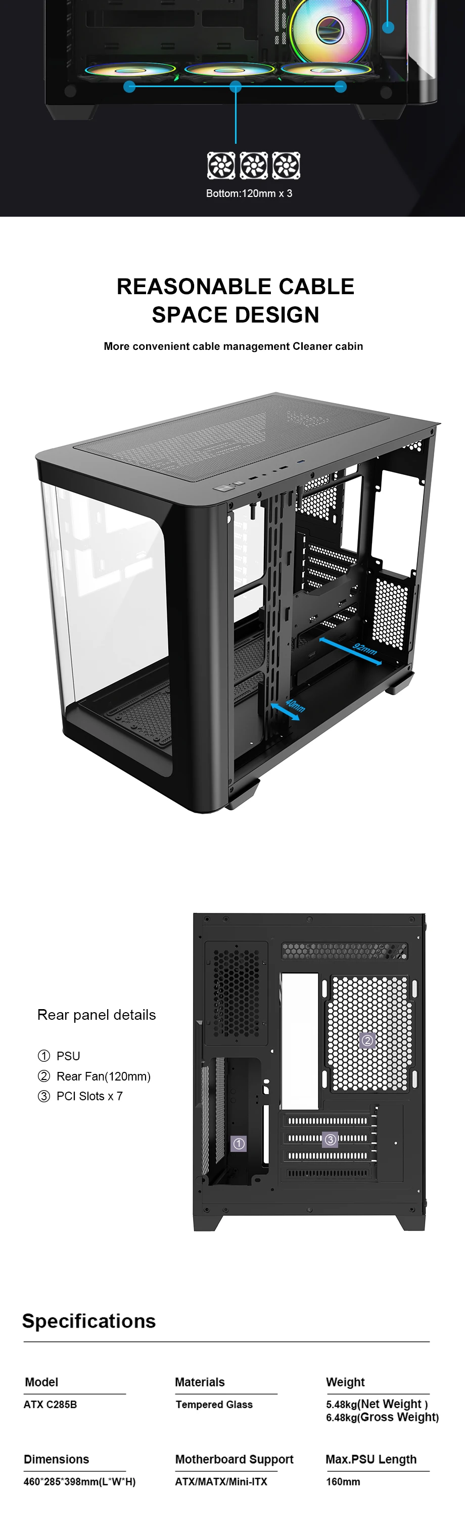 High Efficiency Computer Cabinet with Curved Tempered Glass