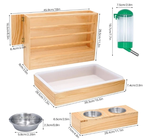 Rabbit Hay Feeder with Litter Box and Bowls 4 in 1 Wooden Feeder Toilet ...