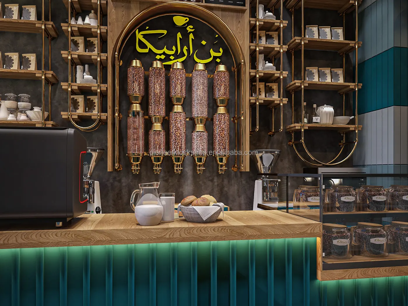 Retail Coffee Shop Counter Coffee Bean Display Shelves Cake Pastry Shop ...