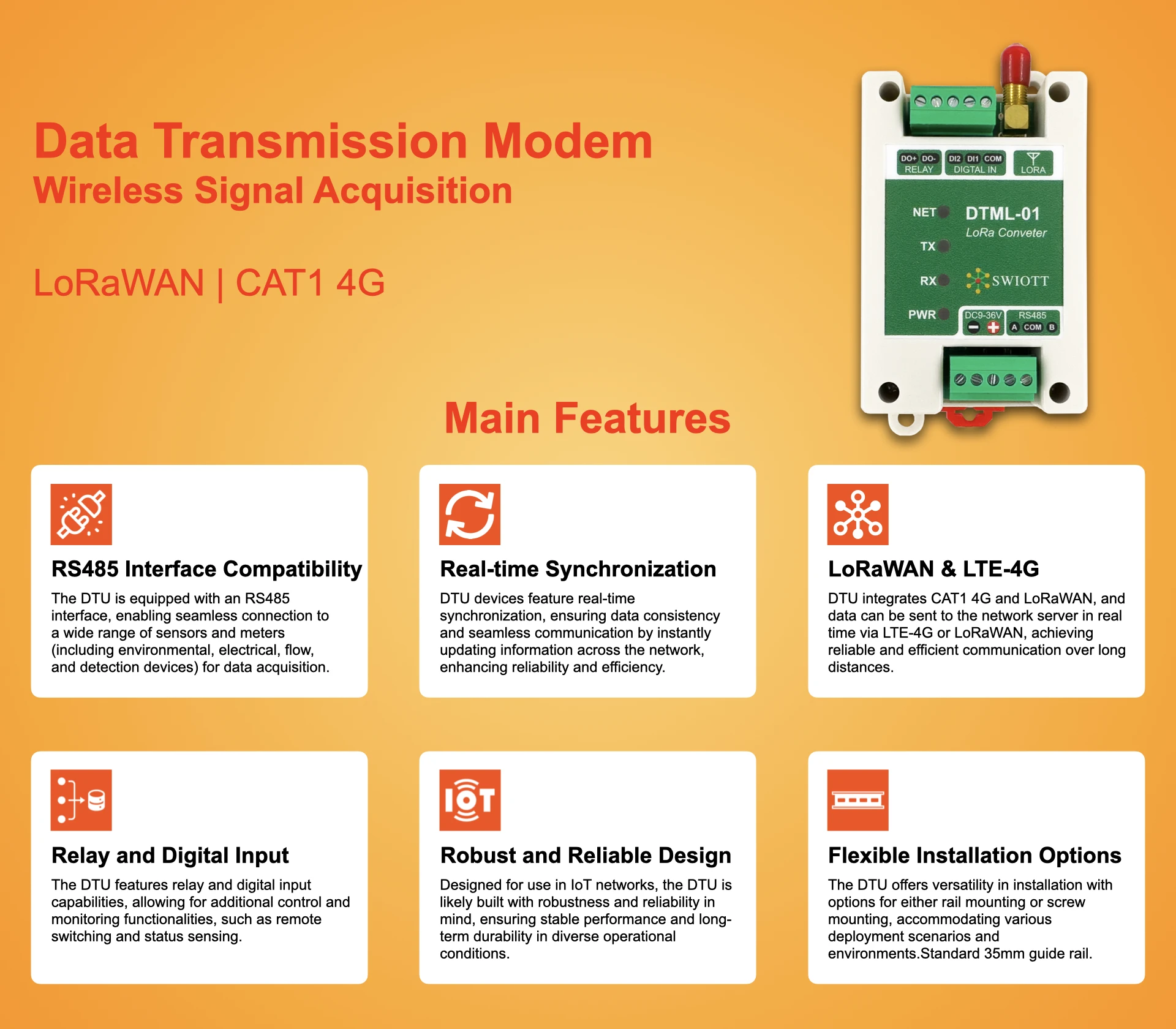 DTML01 RS485 Industrial Data Acquisition Digital Input LoRaWAN and CAT1 ...