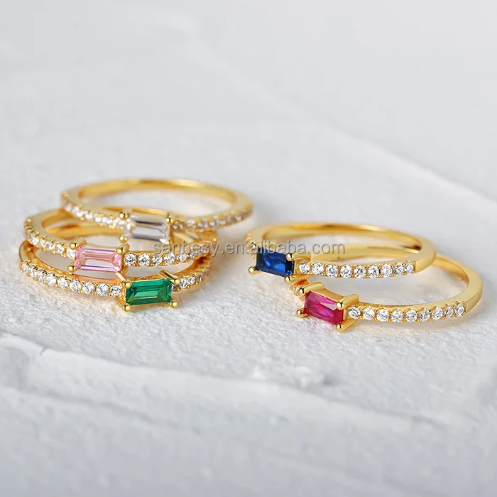 Ins S925 Sterling Silver Silver Gold Plated Geometric Rectangle Zircon Finger Ring 925 Silver ...