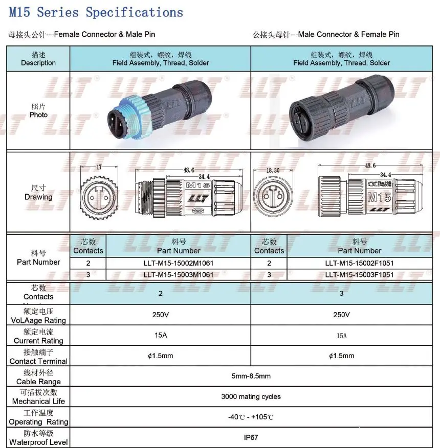 2pin M15 IP68 Waterproof Wire Screw Connector - Durable & Reliable
