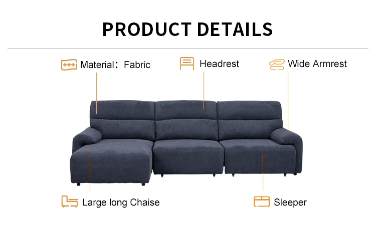 CHEERS Blue Fabric Power Slide Chaise Sofa Bed for Living Room