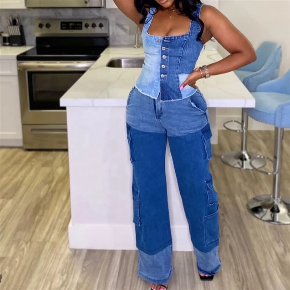 Zhezhe Denim Patchwork Summer Color Blocking Sexy Button Style Short ...