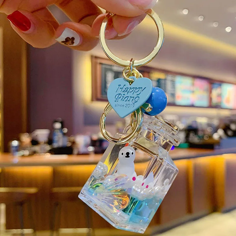 Girl Cute Cartoon Liquid Boba Key Chain Lanyard Quicksand Sequin Self ...