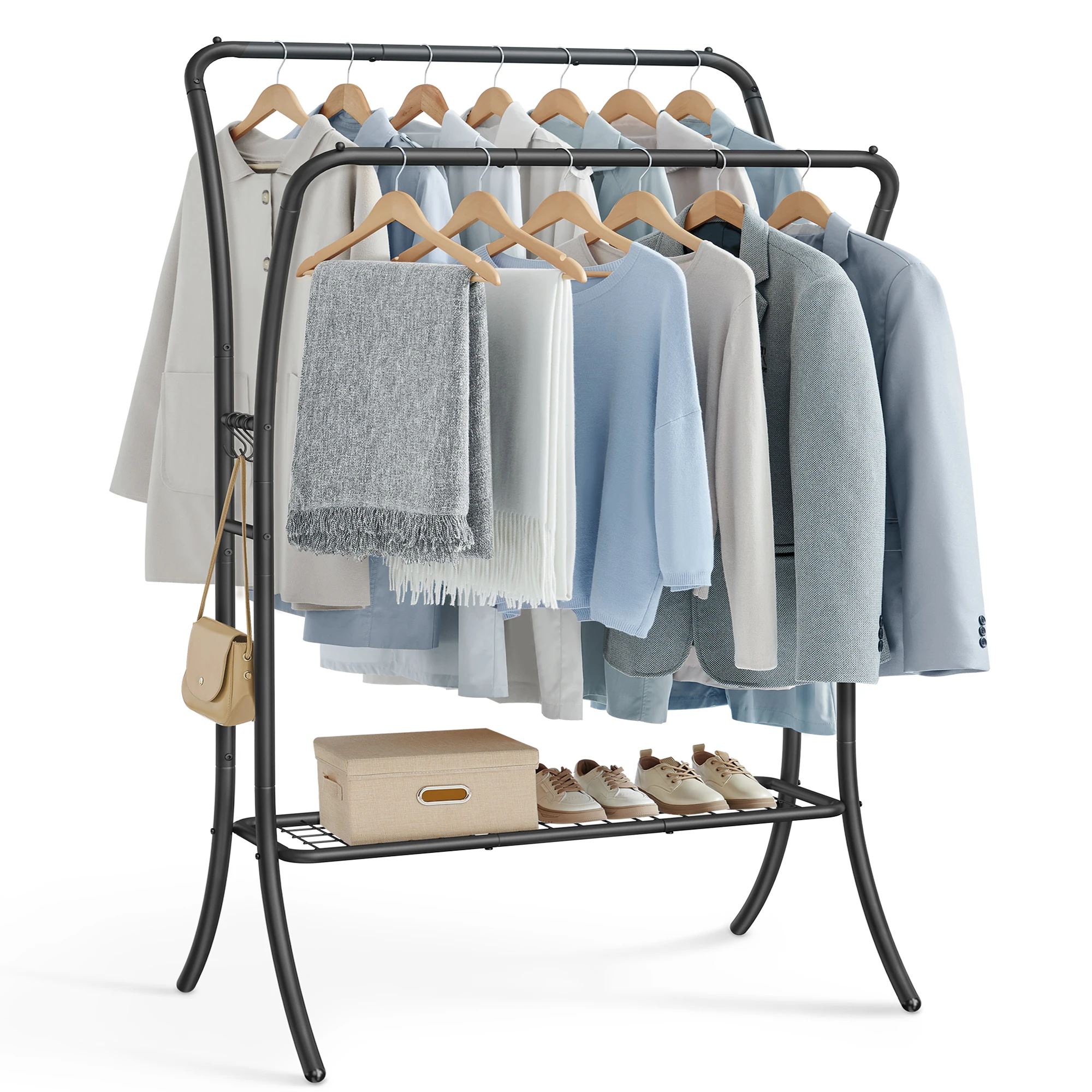 Songmics Metal Clothes Rail Double Pole Coat Rack With 6 Hooks Shelf ...