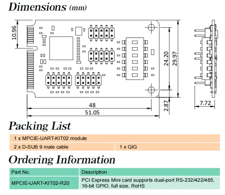 Iei Mpcie-uart-kit02 Pci Express Mini Card Supports Dual-port Rs-232 ...