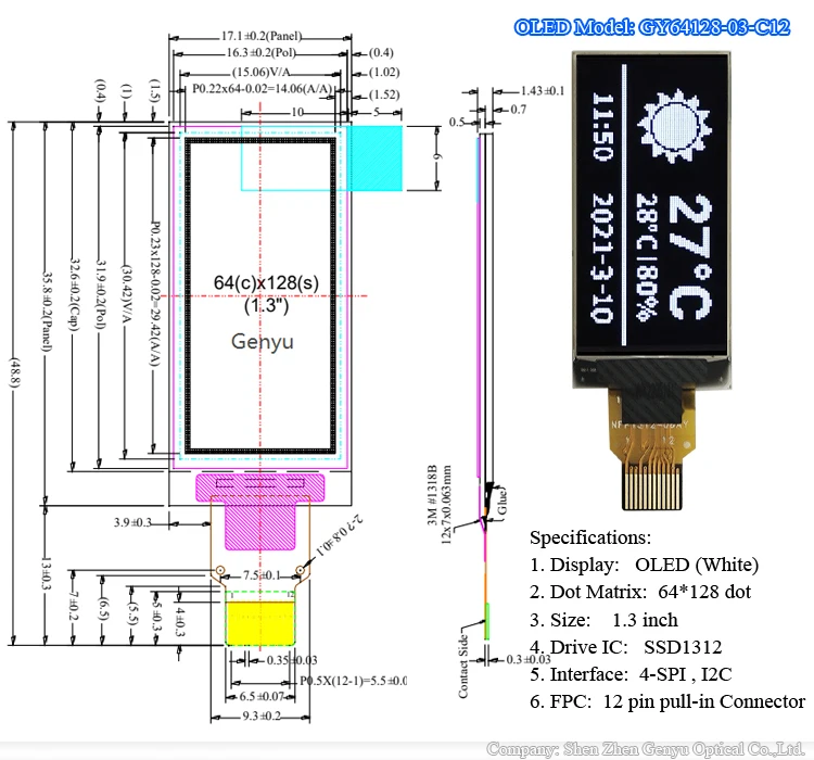 Bar Type White 1.3" Oled 64x128 12 Pin Fpc Connector 4-wire Spi I2c ...