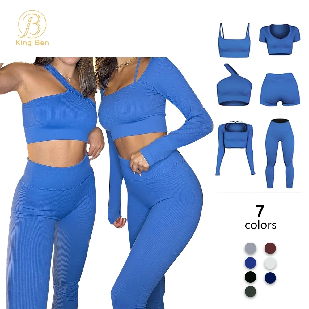 Wholesale Athletic Activewear Gym Fitness Sets 6 Pieces Ribbed Seamless Fitness Yoga Wear ...