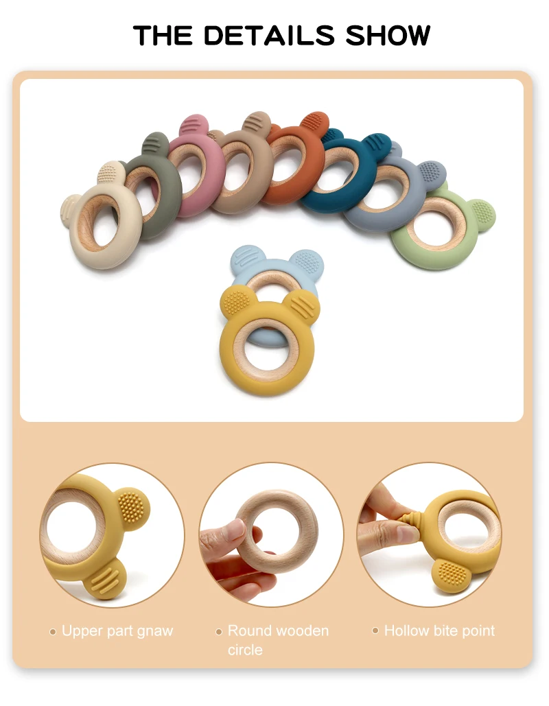Round Silicon And Wood Animal Cartoon Beech Teether Silicone Chewable ...
