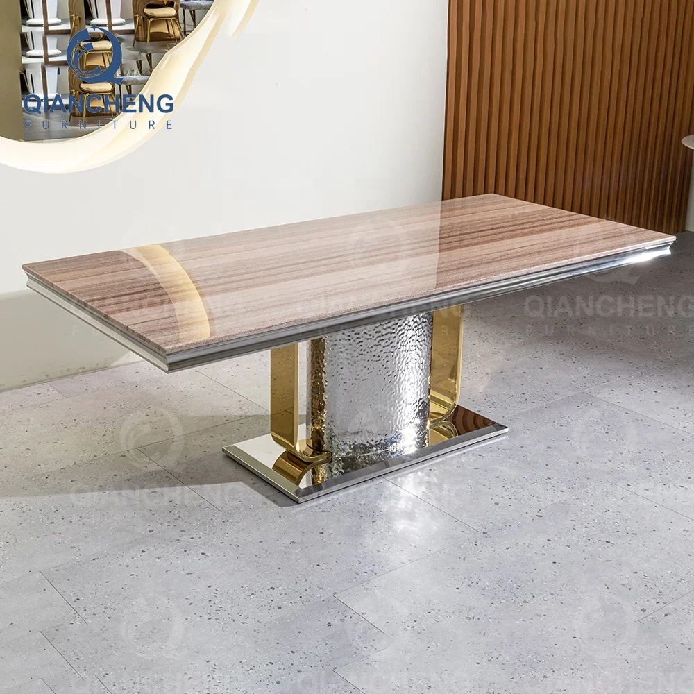 Qiancheng Live Edge Artificam Marble Dinning Table Set Contemporary ...