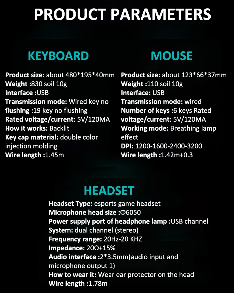 Hot Sale 3 in 1 RGB Colorful Backlit 104 Keys Gaming Keyboard