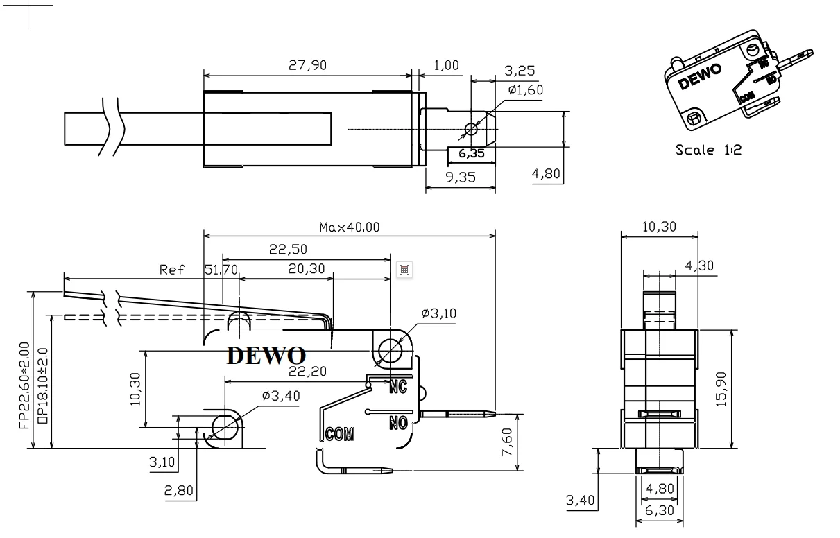 Lead Limit Switch Long Straight Hinge Lever,Spdt 3 Pin Snap Action ...